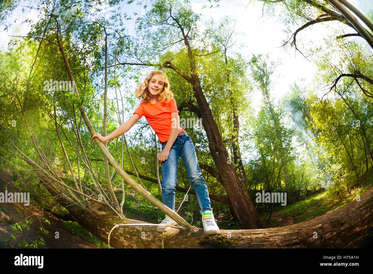 Happy girl climbing over fallen tree in the forest Stock Photo - Alamy