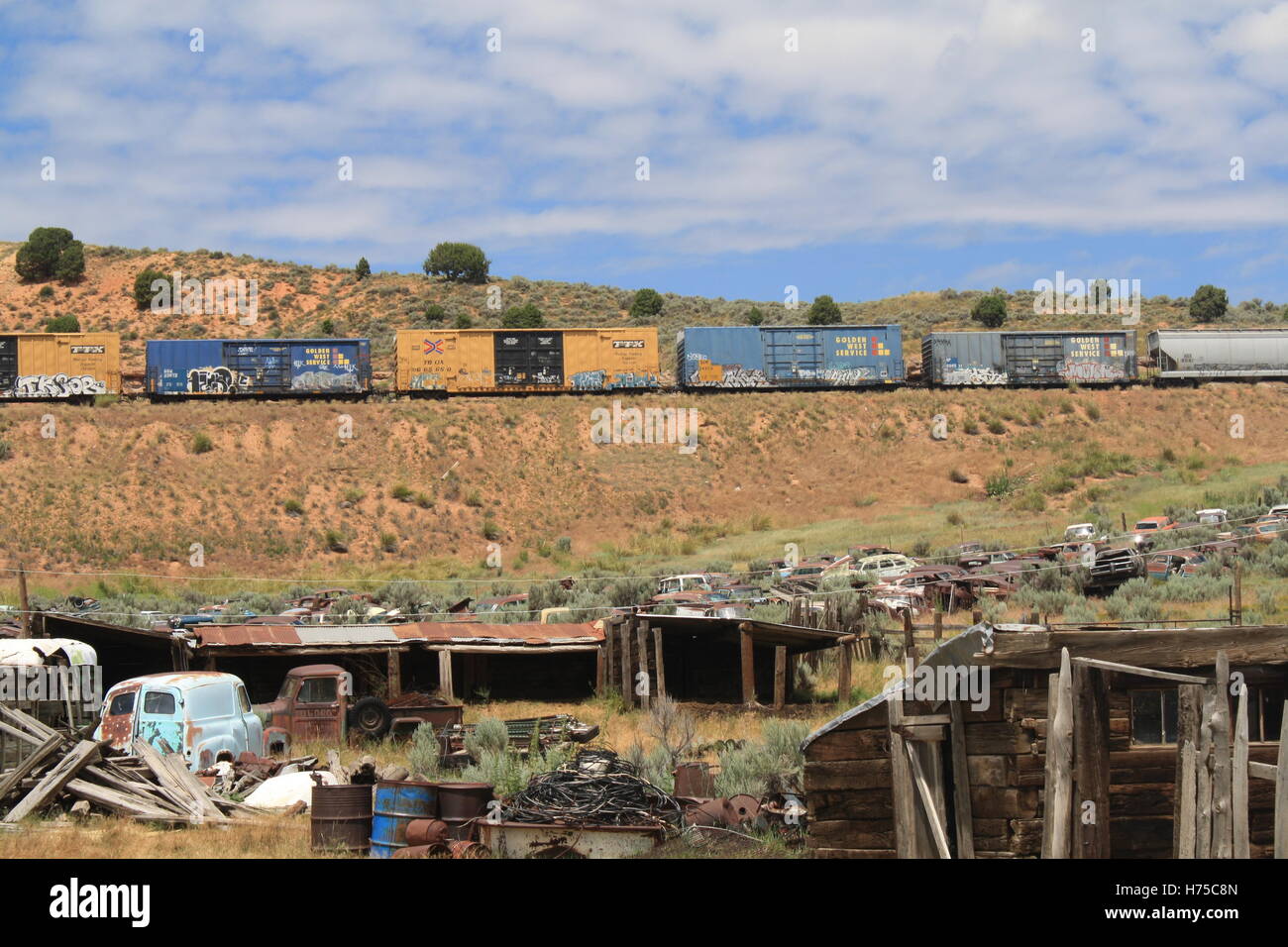 tagged graffiti train cars junkyard junk yard Stock Photo - Alamy