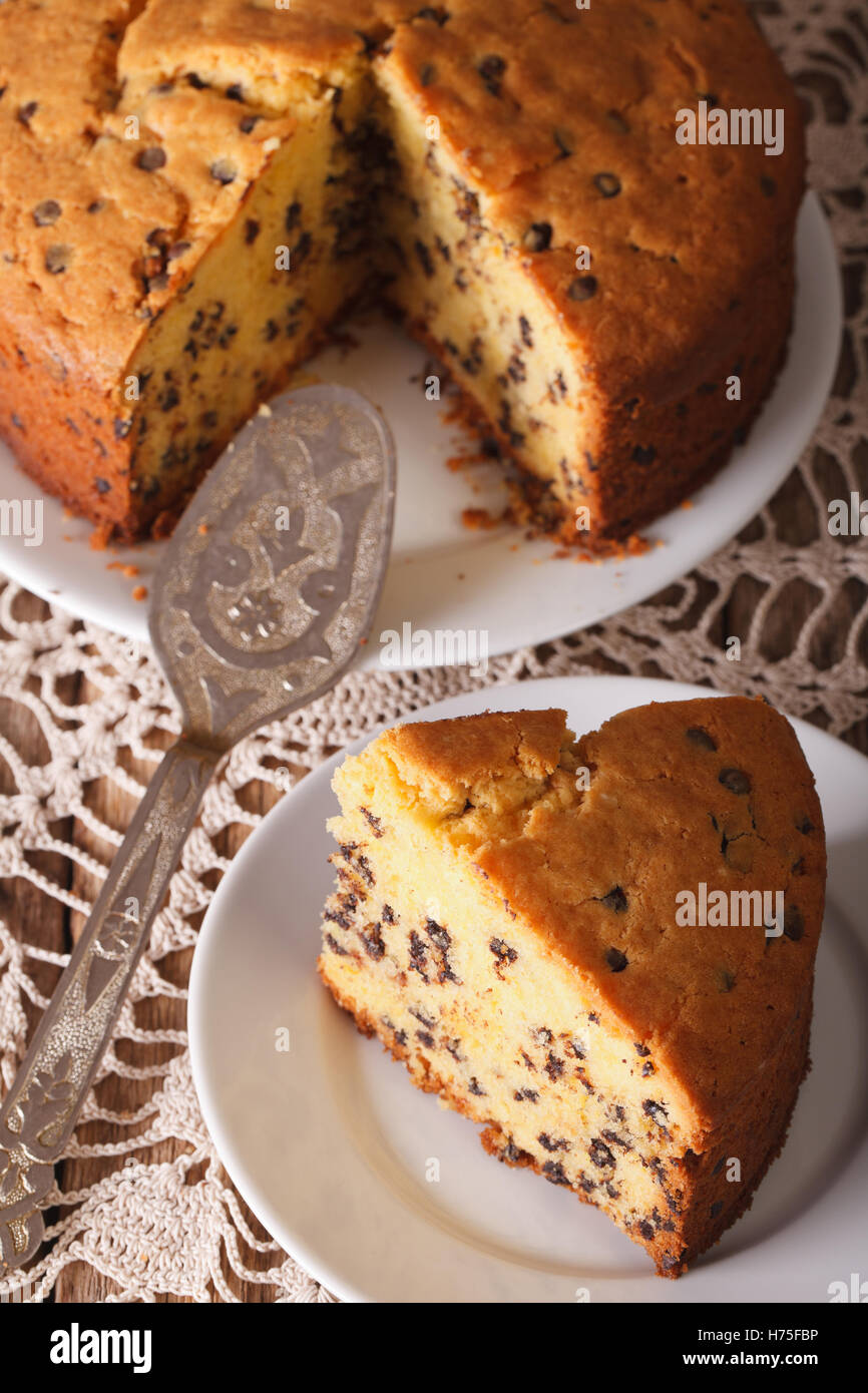 Delicious sliced German Sponge cake with chocolate Drops close-up on a ...