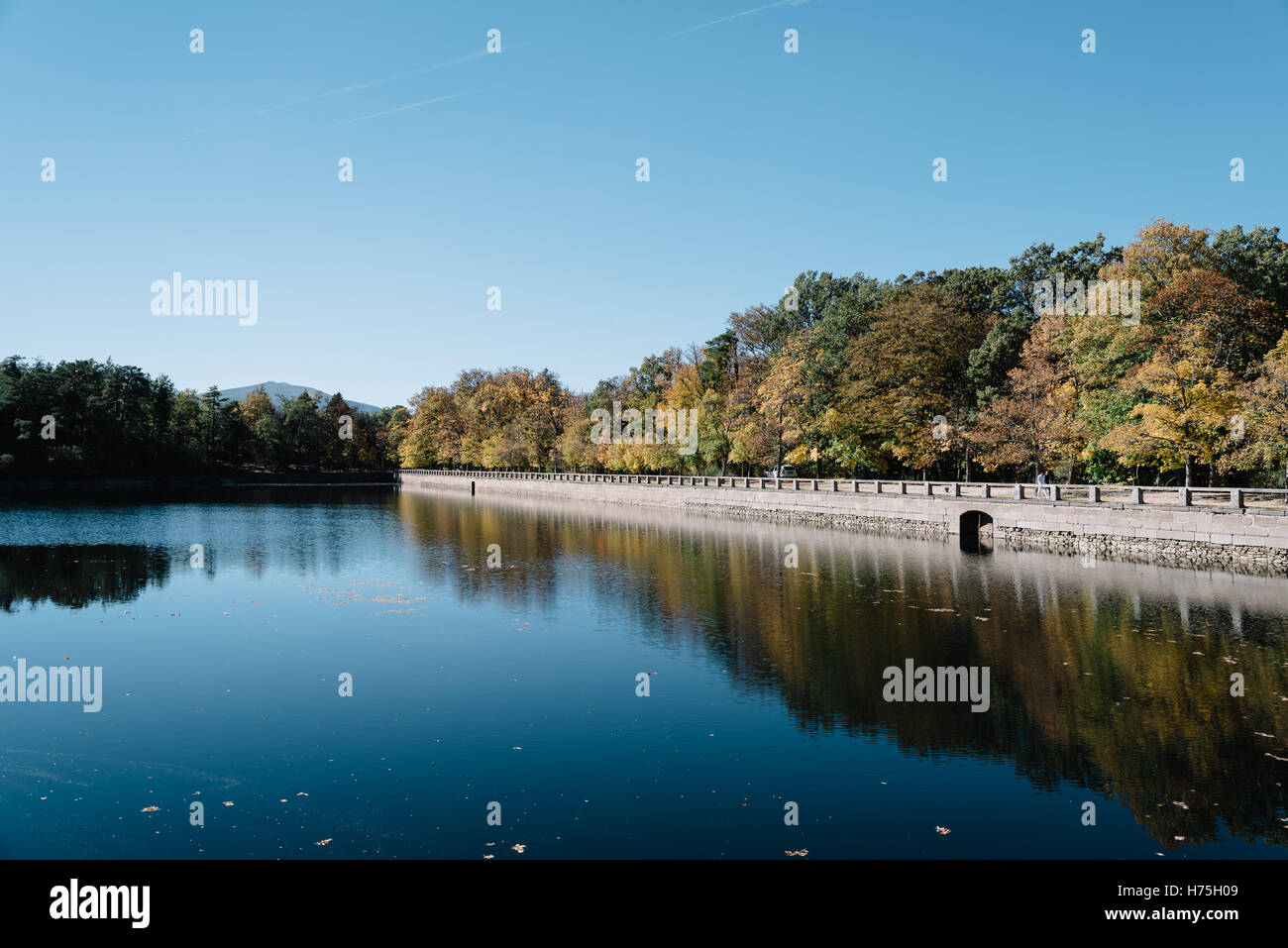 Pond in the Garden of Royal Palace of The Granja. Reflections on water ...