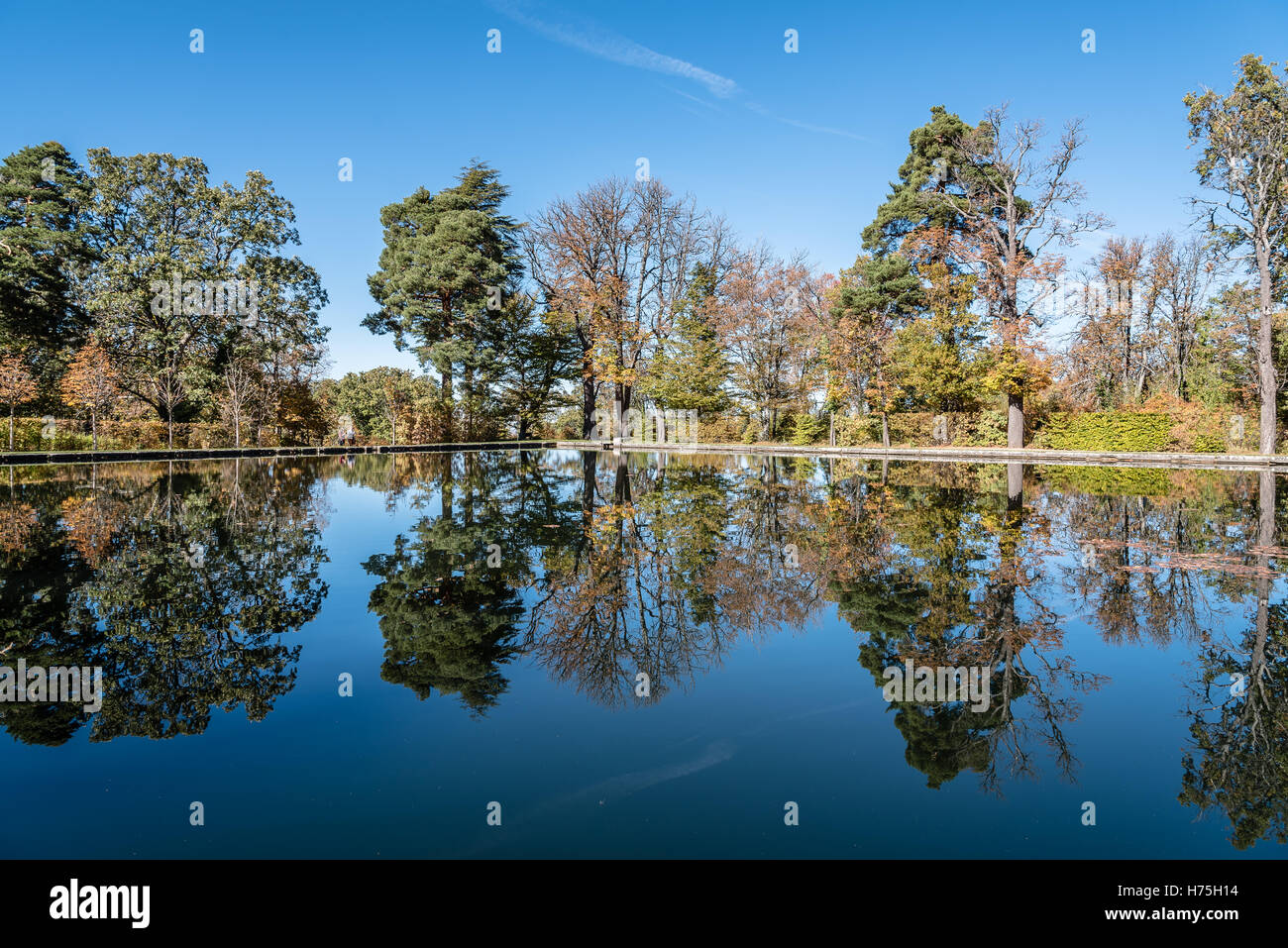 Pond in the Garden of Royal Palace of The Granja. Reflections on water ...