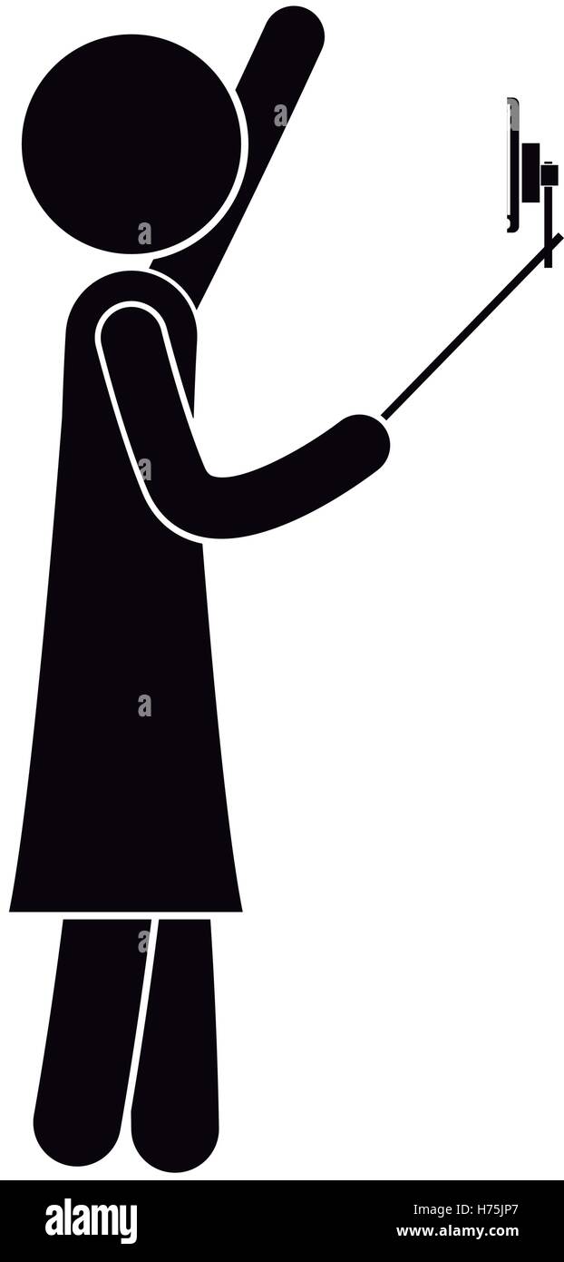 avatar pictogram person using a selfie stick and smartphone device ...