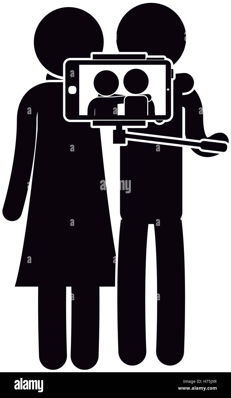 avatar pictogram person using a selfie stick and smartphone device ...