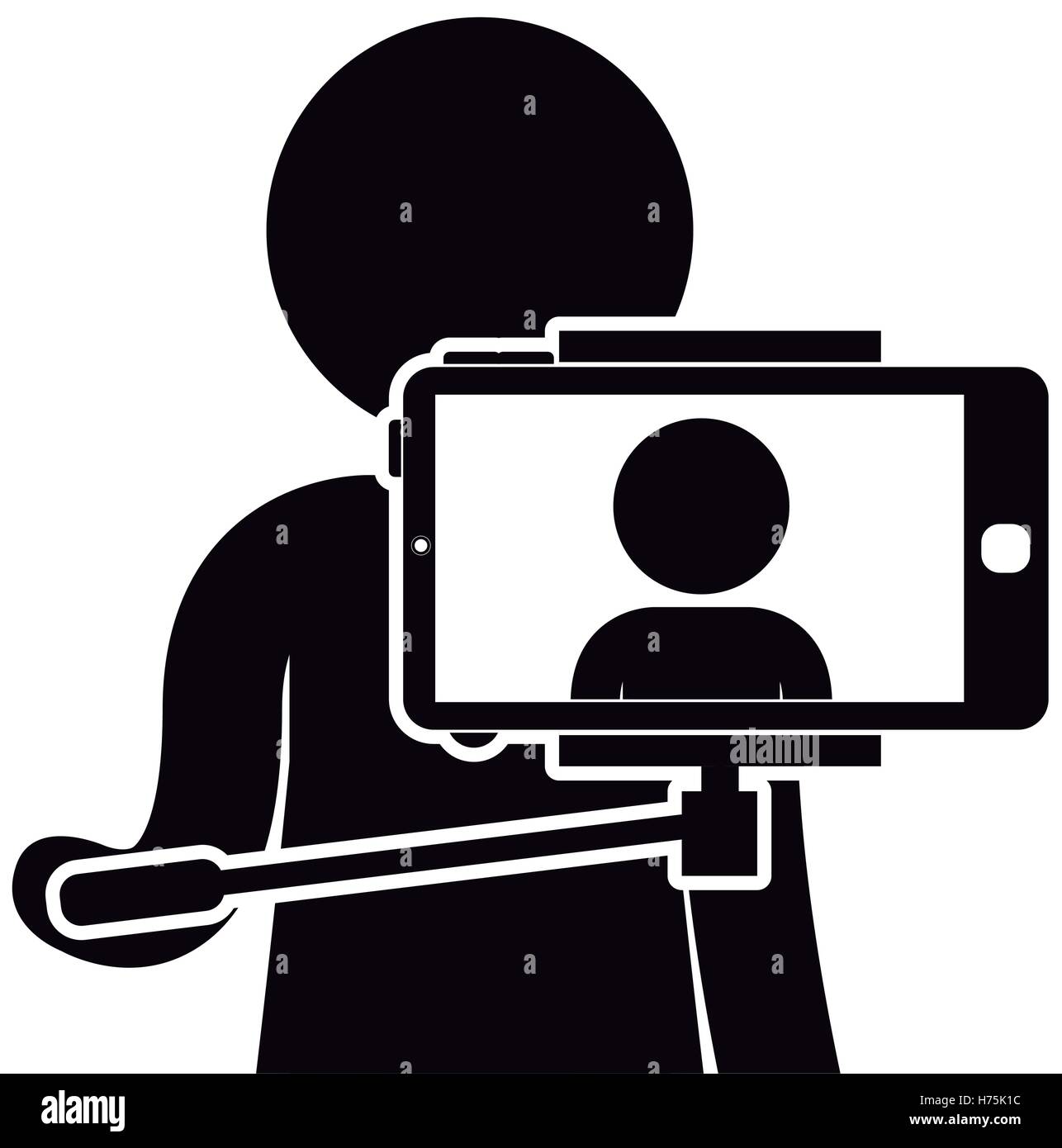 avatar pictogram person using a selfie stick and smartphone device ...