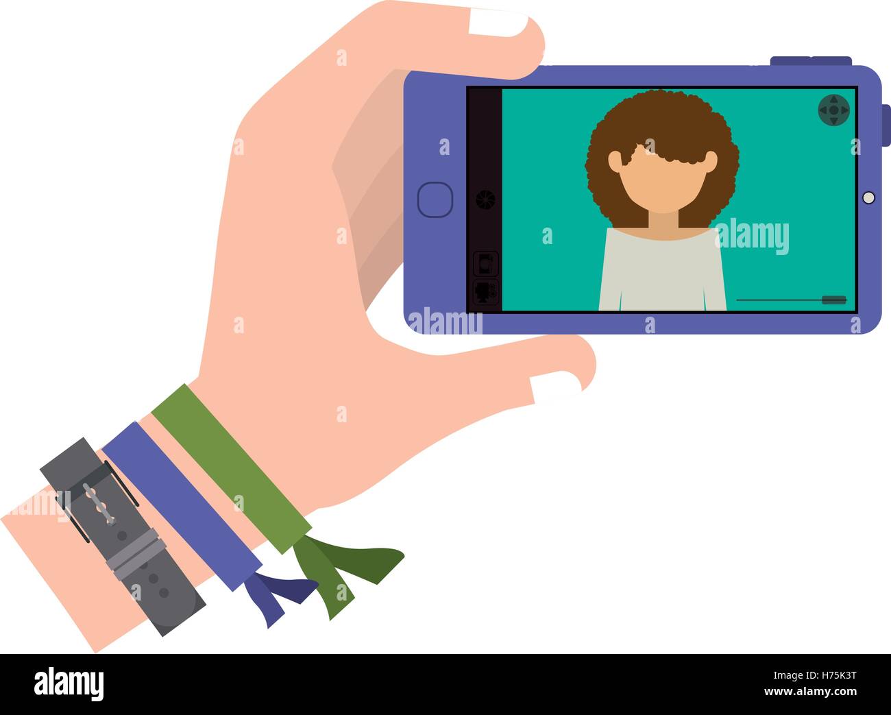 human hand with colorful bracelets taking a photo selfie with ...