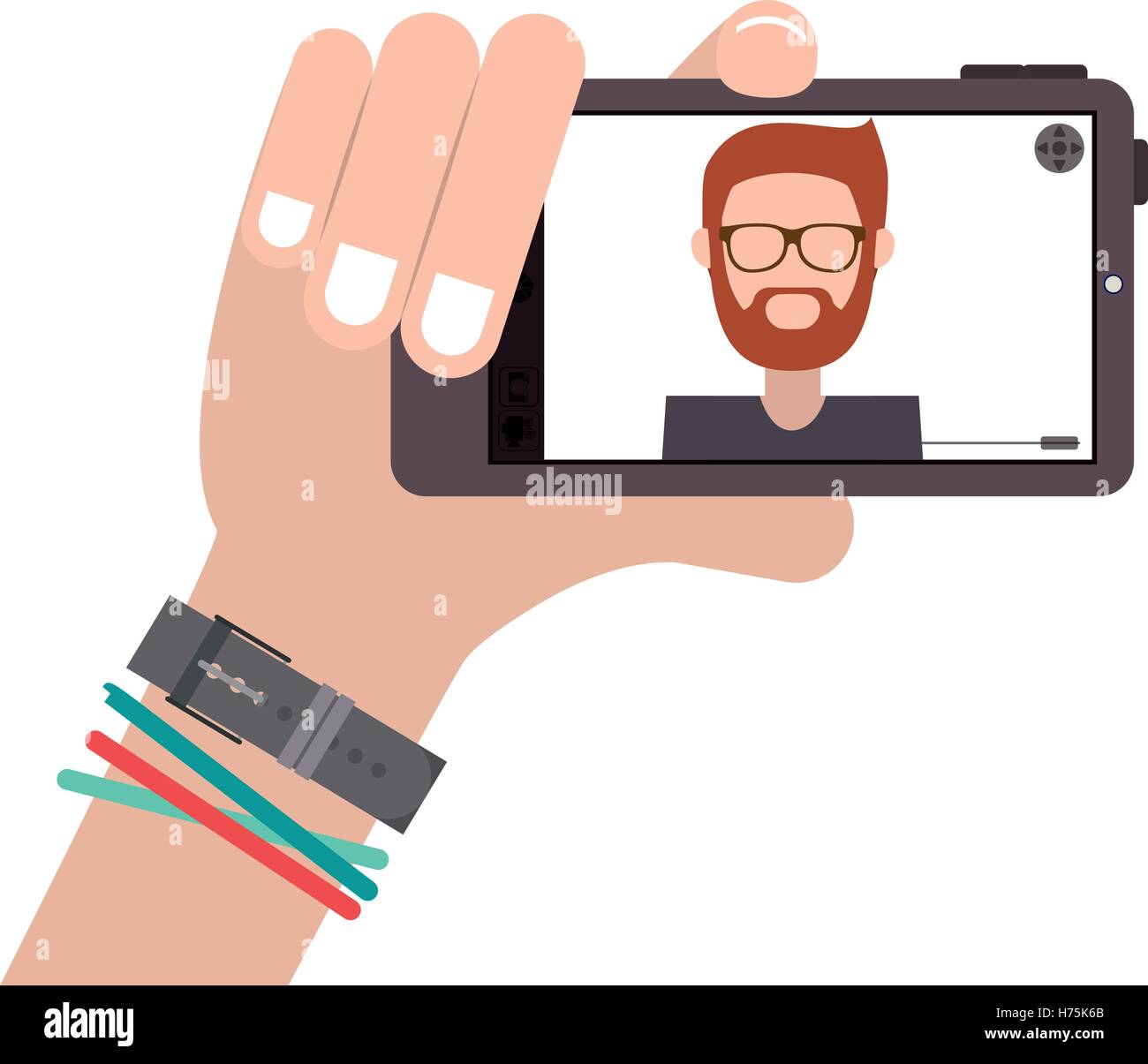human hand with colorful bracelets taking a photo selfie with ...