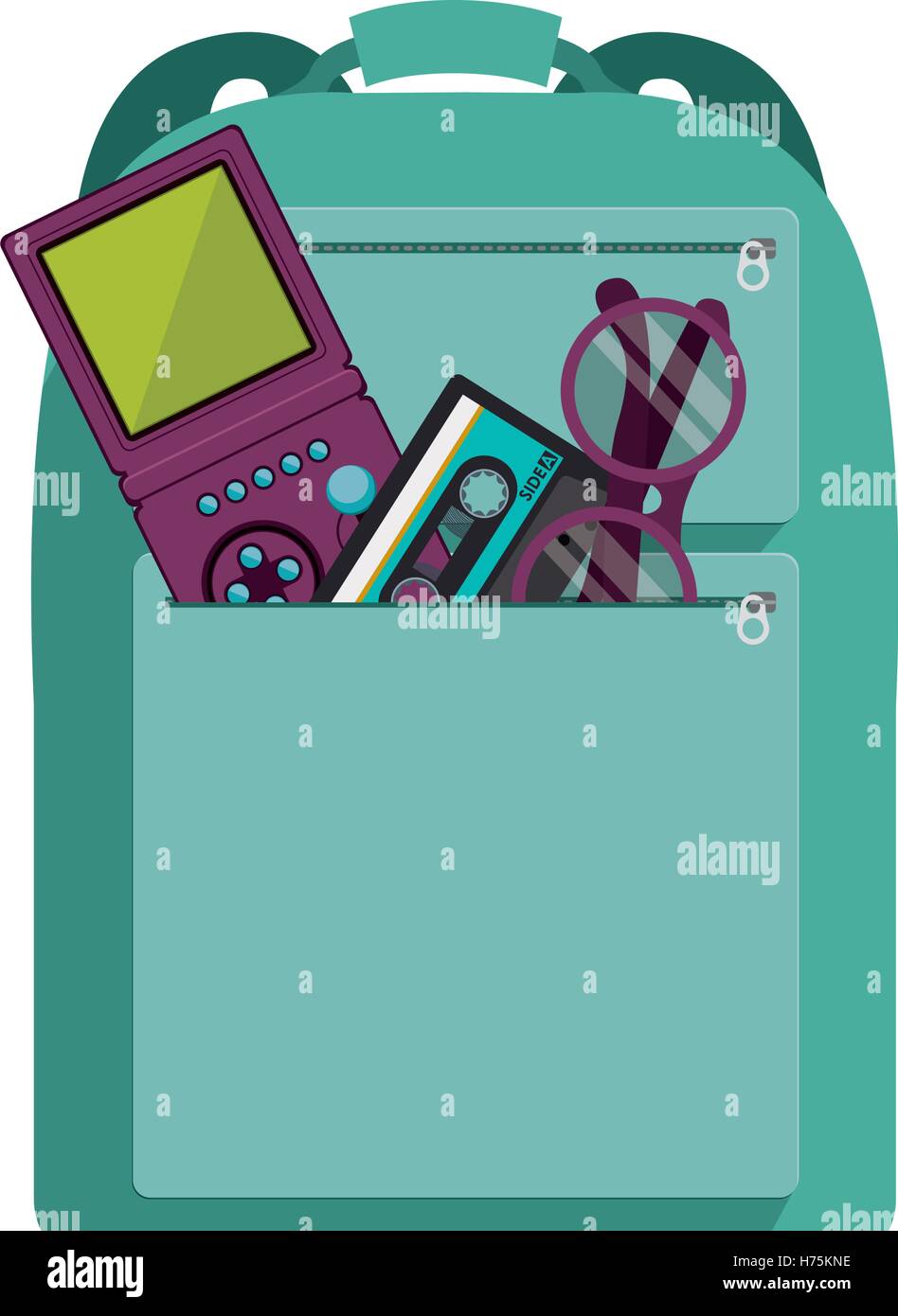 hipster backpack with electronic gadgets and items over white ...