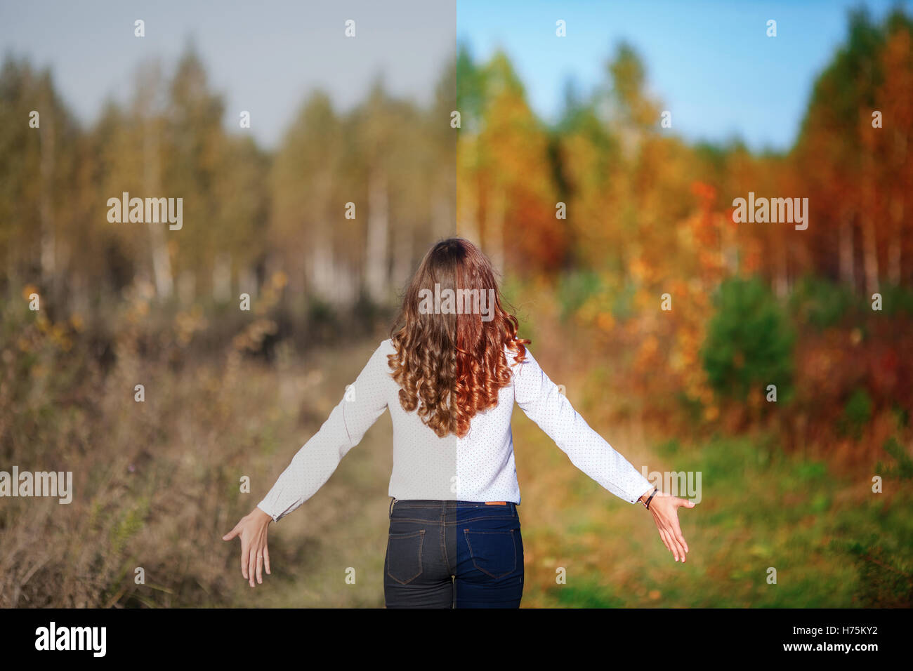 Photo before and after the image editing process. Young woman Stock ...
