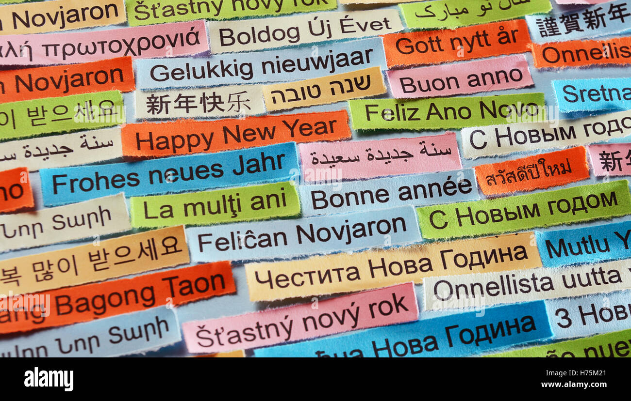 Happy New Year Word Cloud printed on colorful paper different languages ...