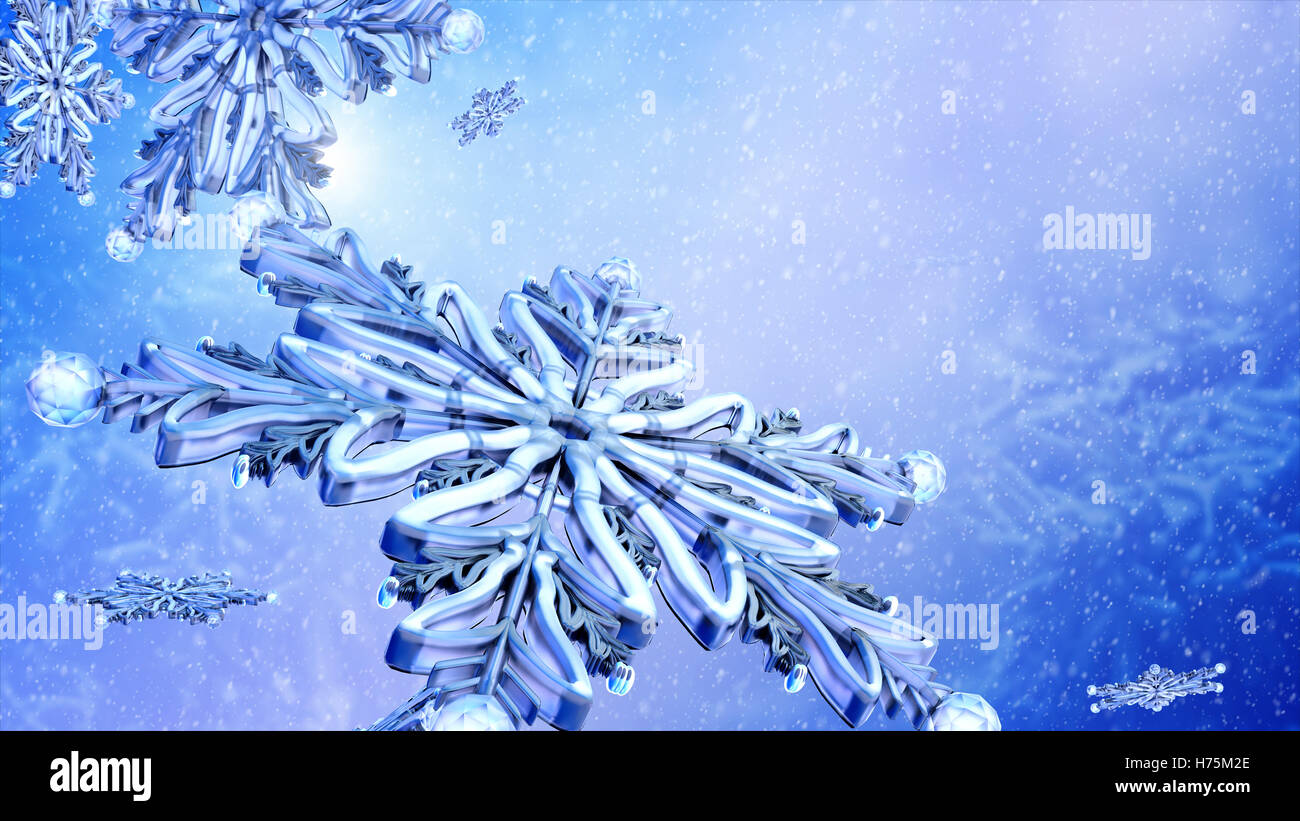 Close up flying snowflake on blue snow background Stock Photo - Alamy