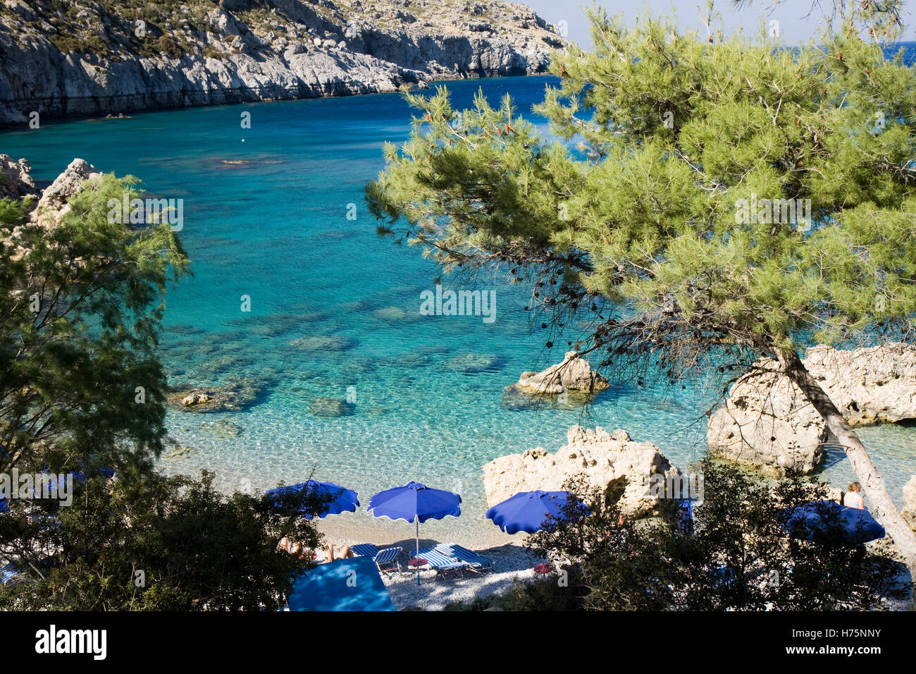 blue sea and beach of the isle of rodos in greece Stock Photo - Alamy