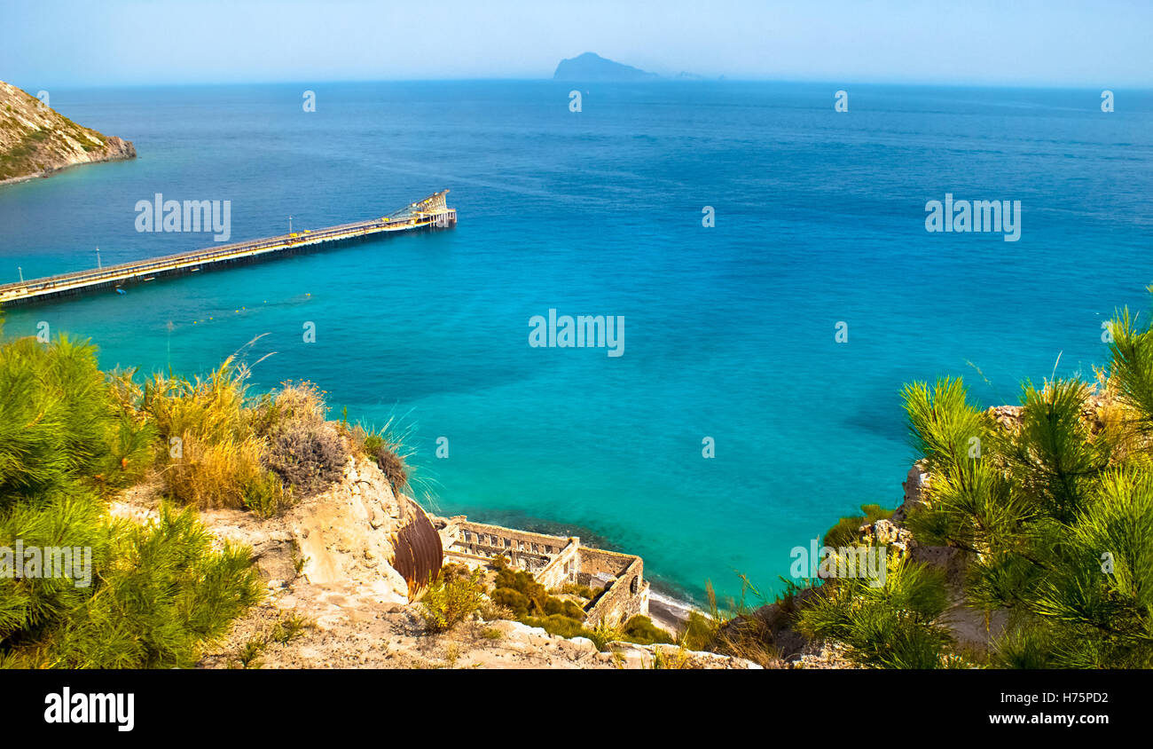 The Panarea Island in the light haze from the top of Pumice cave near ...