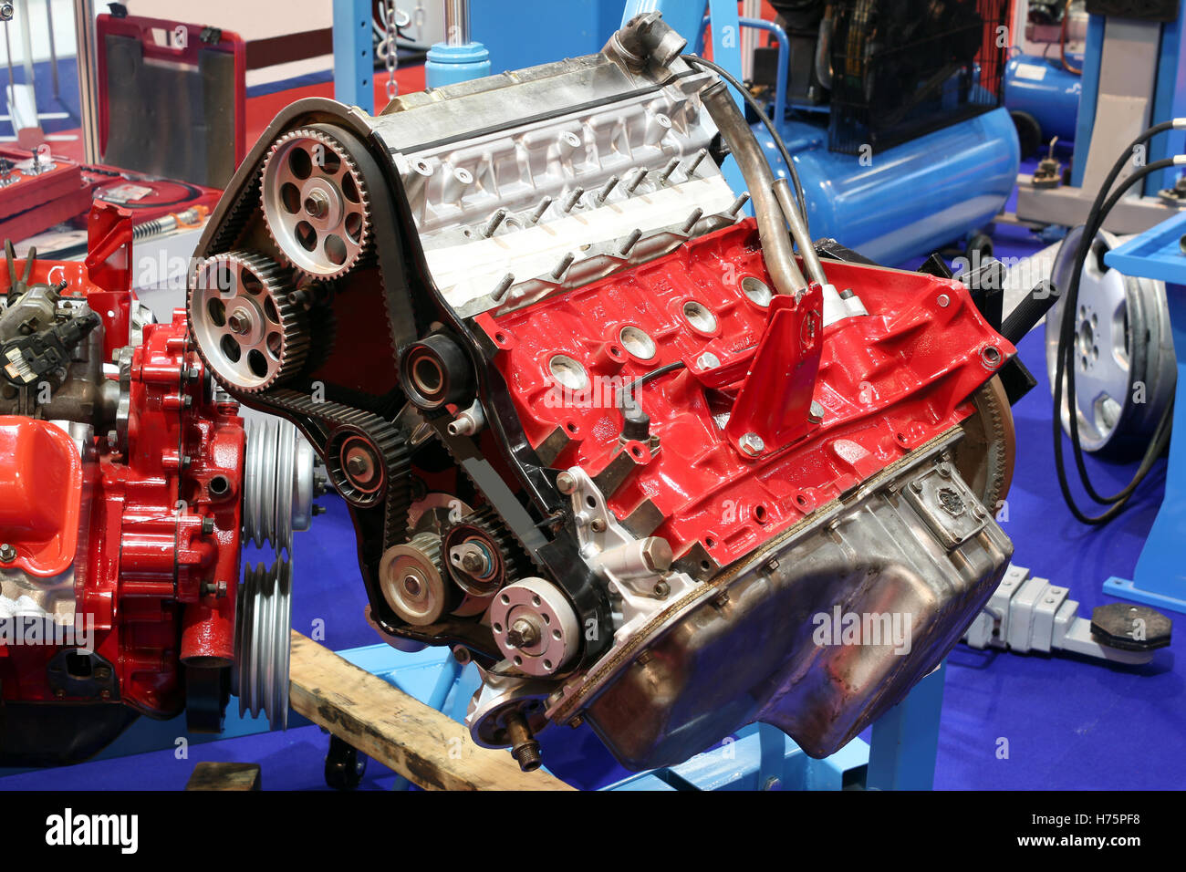 workshop with car engine and tools Stock Photo - Alamy