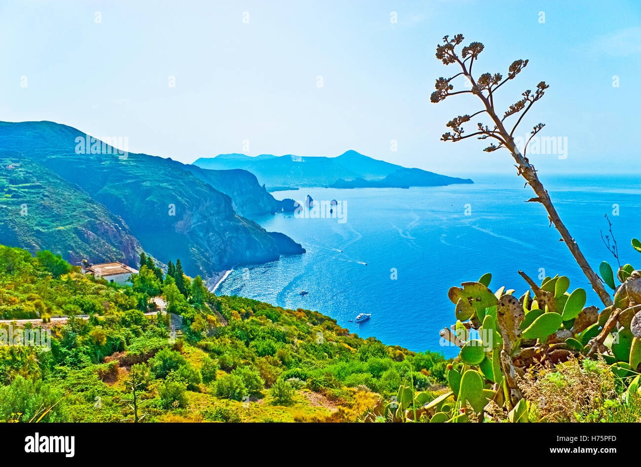 The view on the smoking crater of Volcano Island from the top of Lipari ...