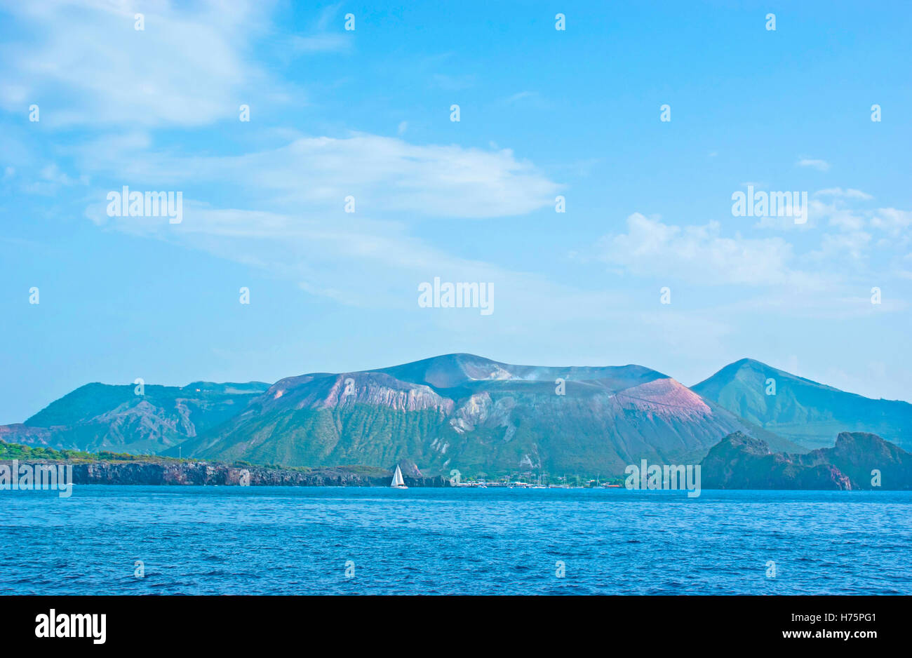 Theview on Porto di Ponente on Vulcano Island with big smoking cone ...