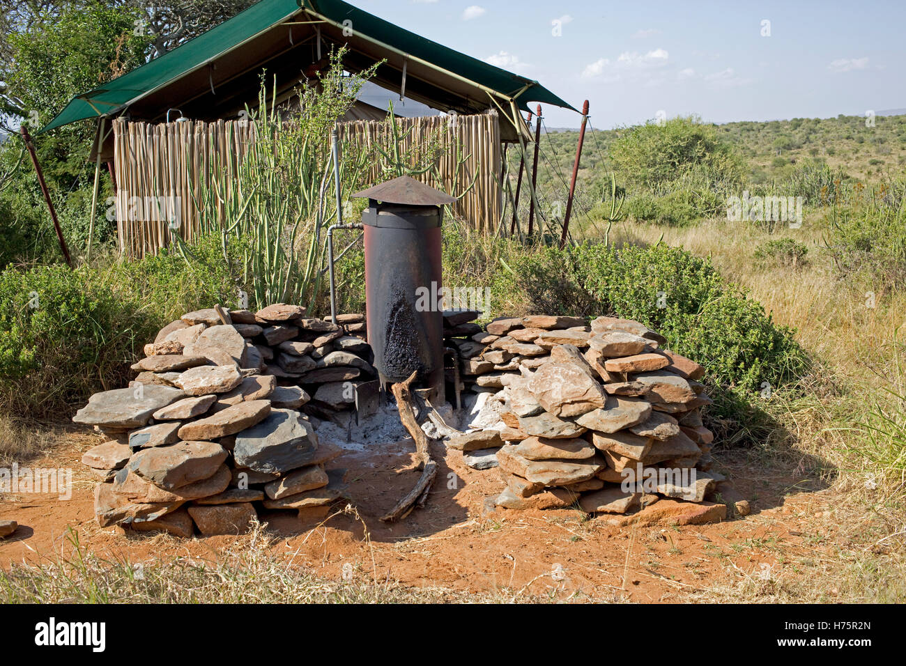 Pressurised Rhodesian boiler heating water for tented camp Laikipia ...