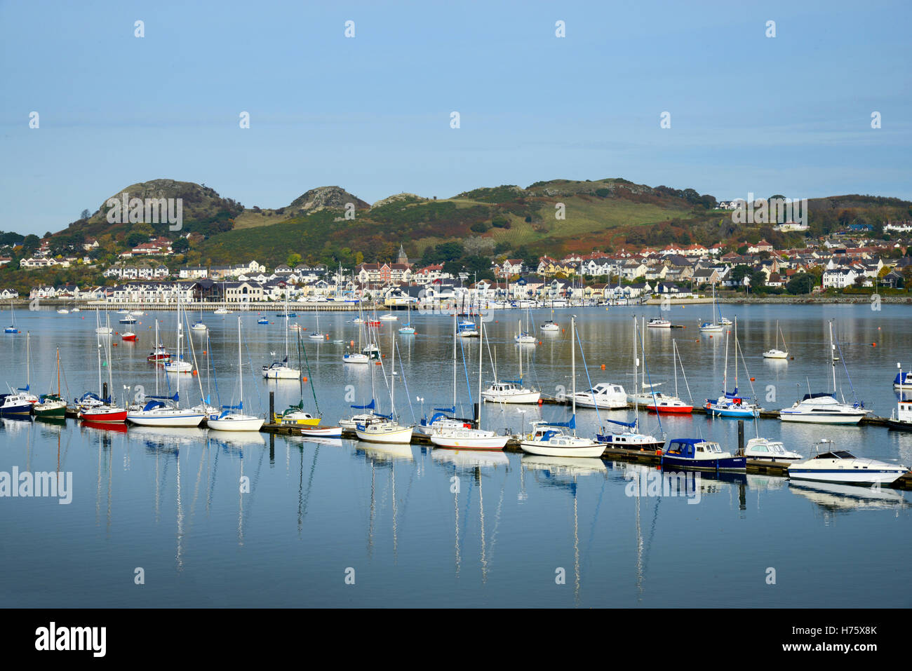 View from the Conwy yacht marina across the Conwy estuary towards ...