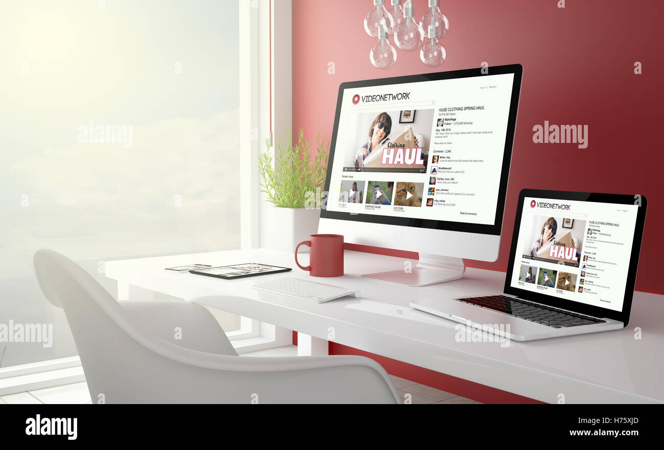 red studio with devices collection with videonetwork on screen. 3d ...