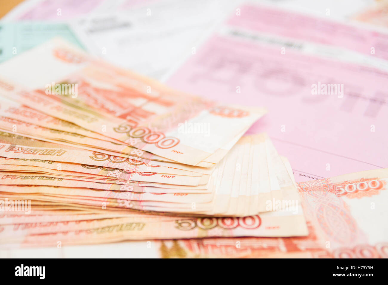 Russian money five thousand roubles with payment receipts Stock Photo ...