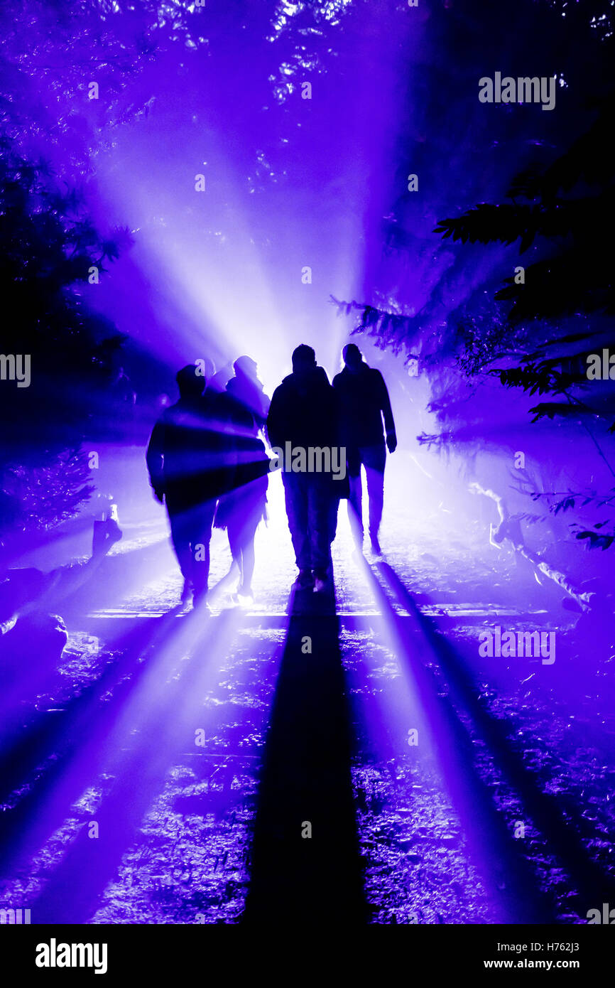 People walking at night through a park, illuminated from behind ...