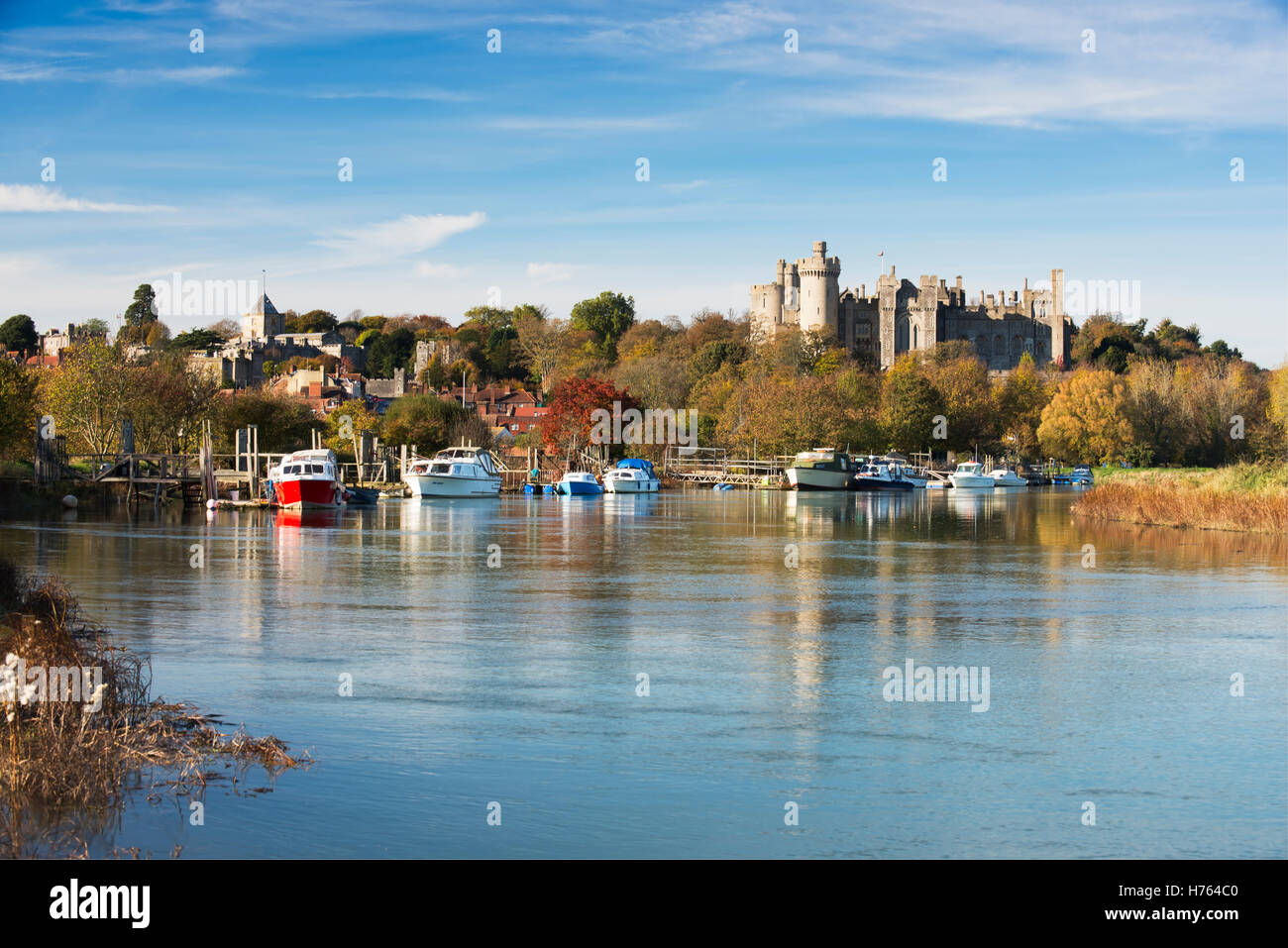 Arundel Castle and the river Arun at slack water on a sunny autumn ...