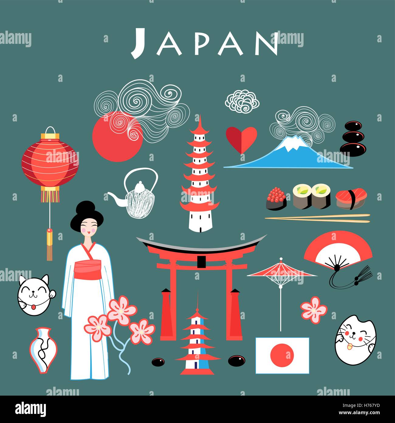 Japanese set of different elements on a dark background Stock Vector ...
