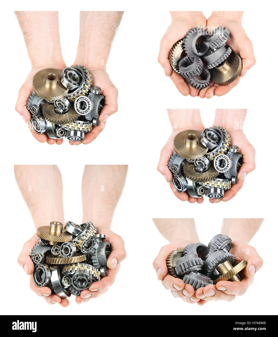 Set of photos hands hold a heap of bearings and a gears wheel on a ...
