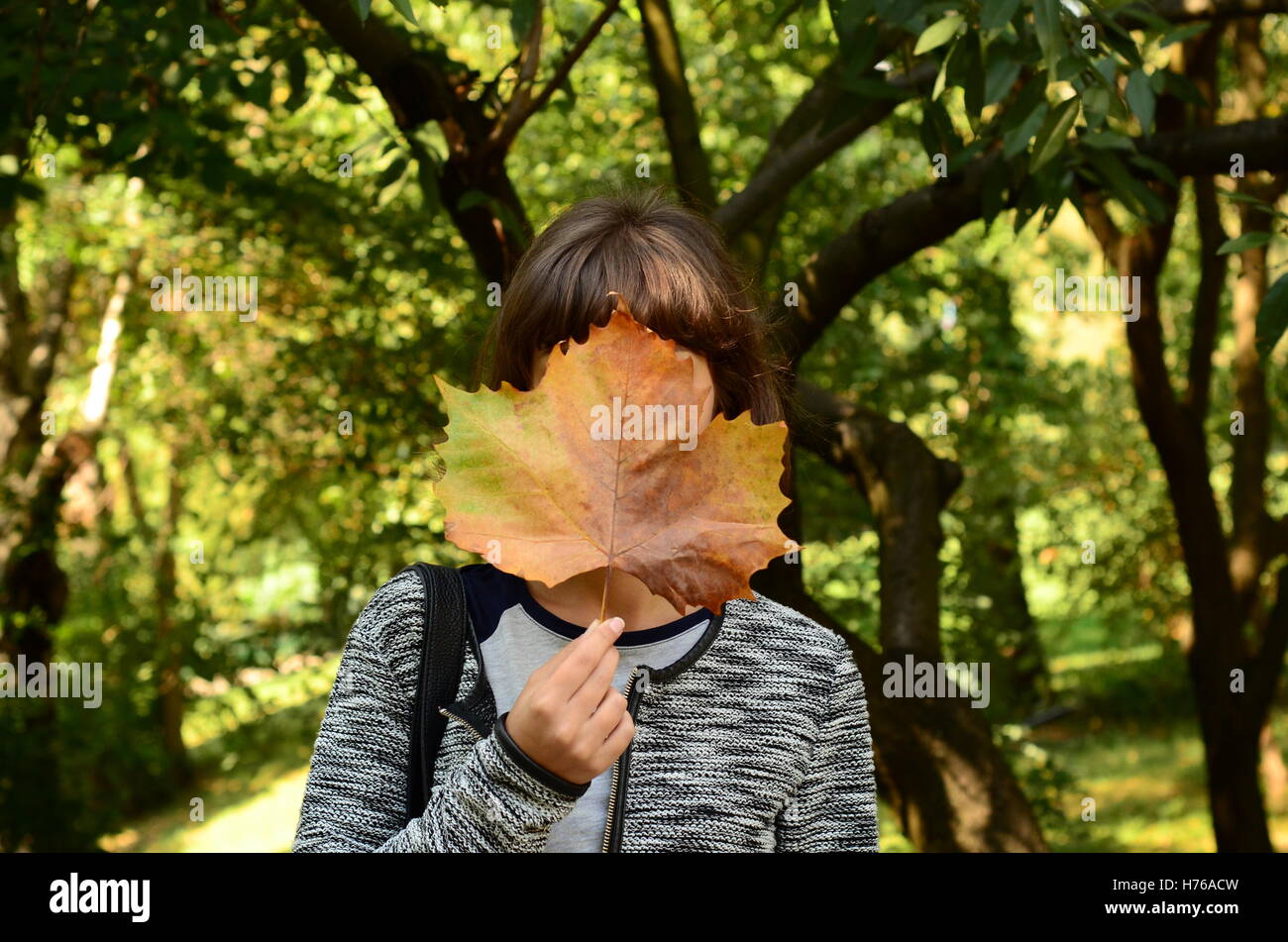 Portrait of woman holding autumn leaf in front of her face Stock Photo ...