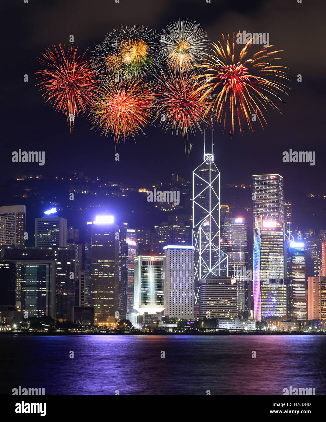 Fireworks Festival over Hong Kong city, view from Victoria Harbour ...