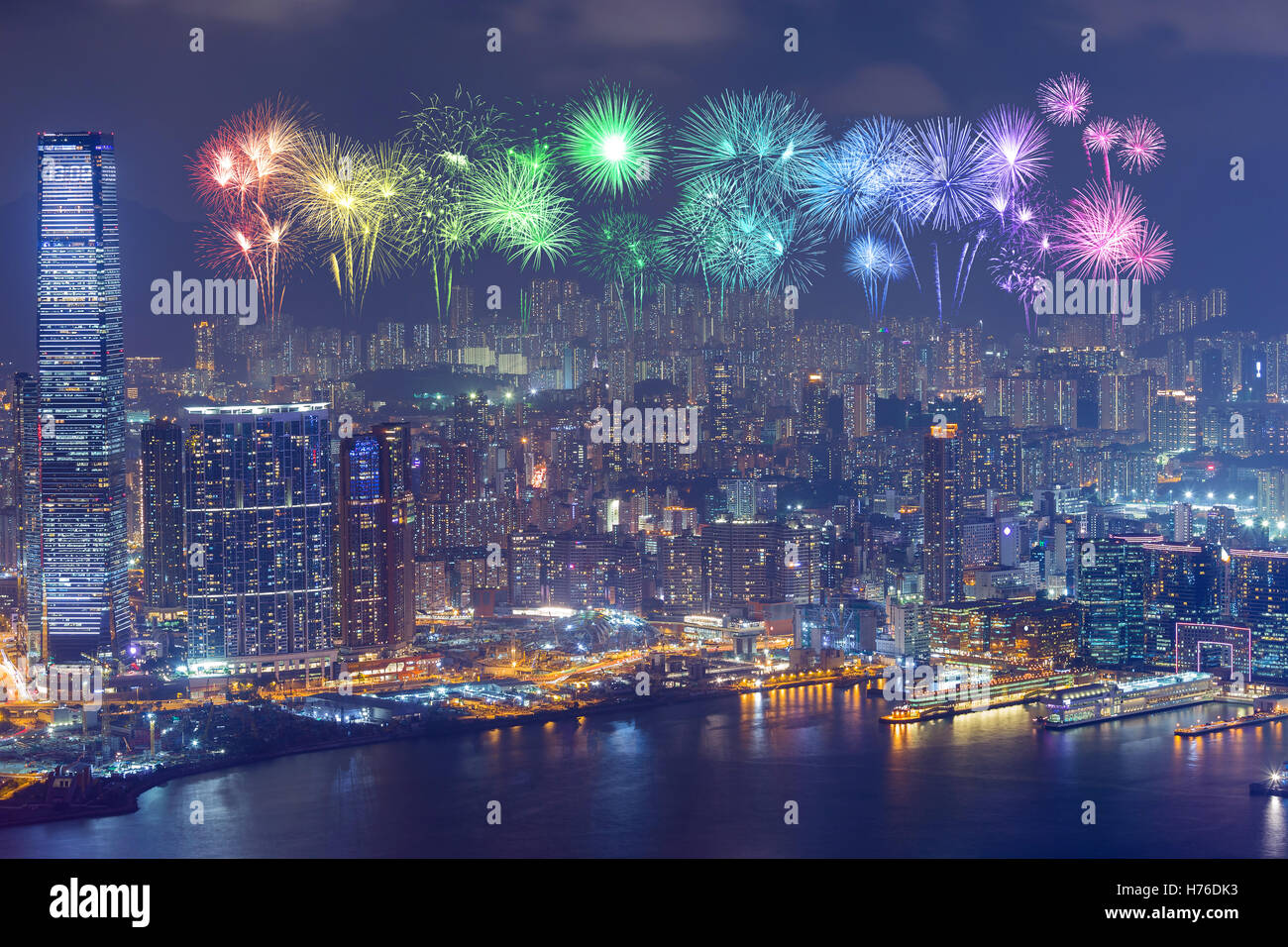 Fireworks Festival over Hong Kong city at night, view from The Peak ...