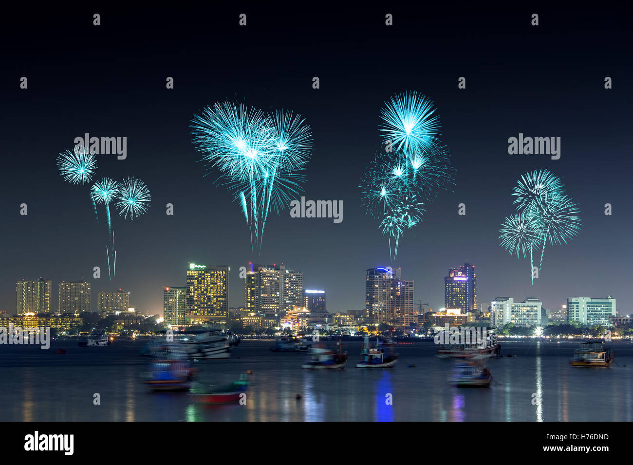 Fireworks Festival over Pattaya beach at night, Chonburi, Thailand ...