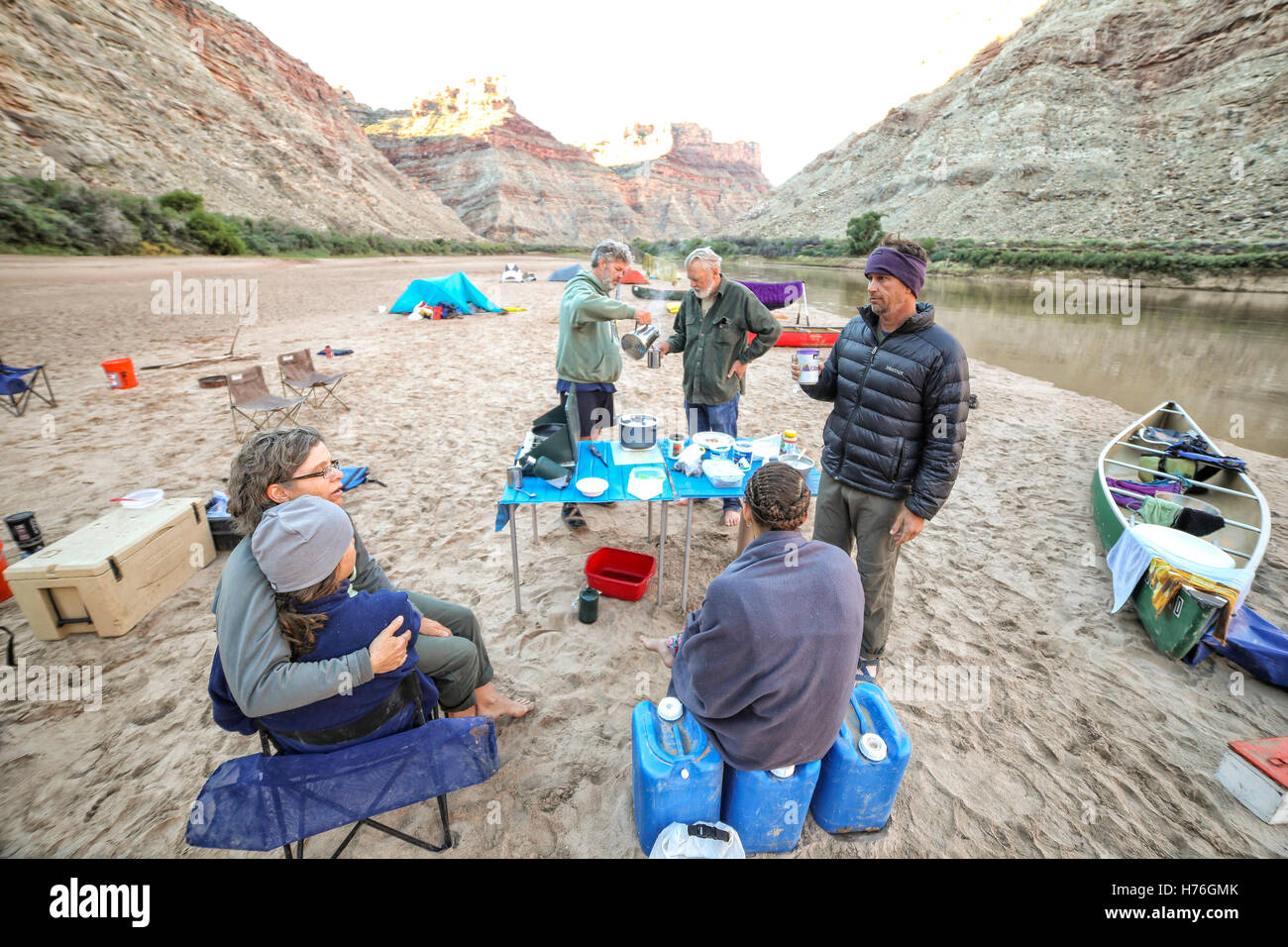A colorful river trip kitchen on the Colorado River at the confluence ...