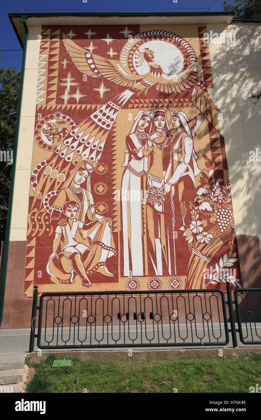 Mural depicting the mythical Huma bird and figures of Uzbek folklore ...