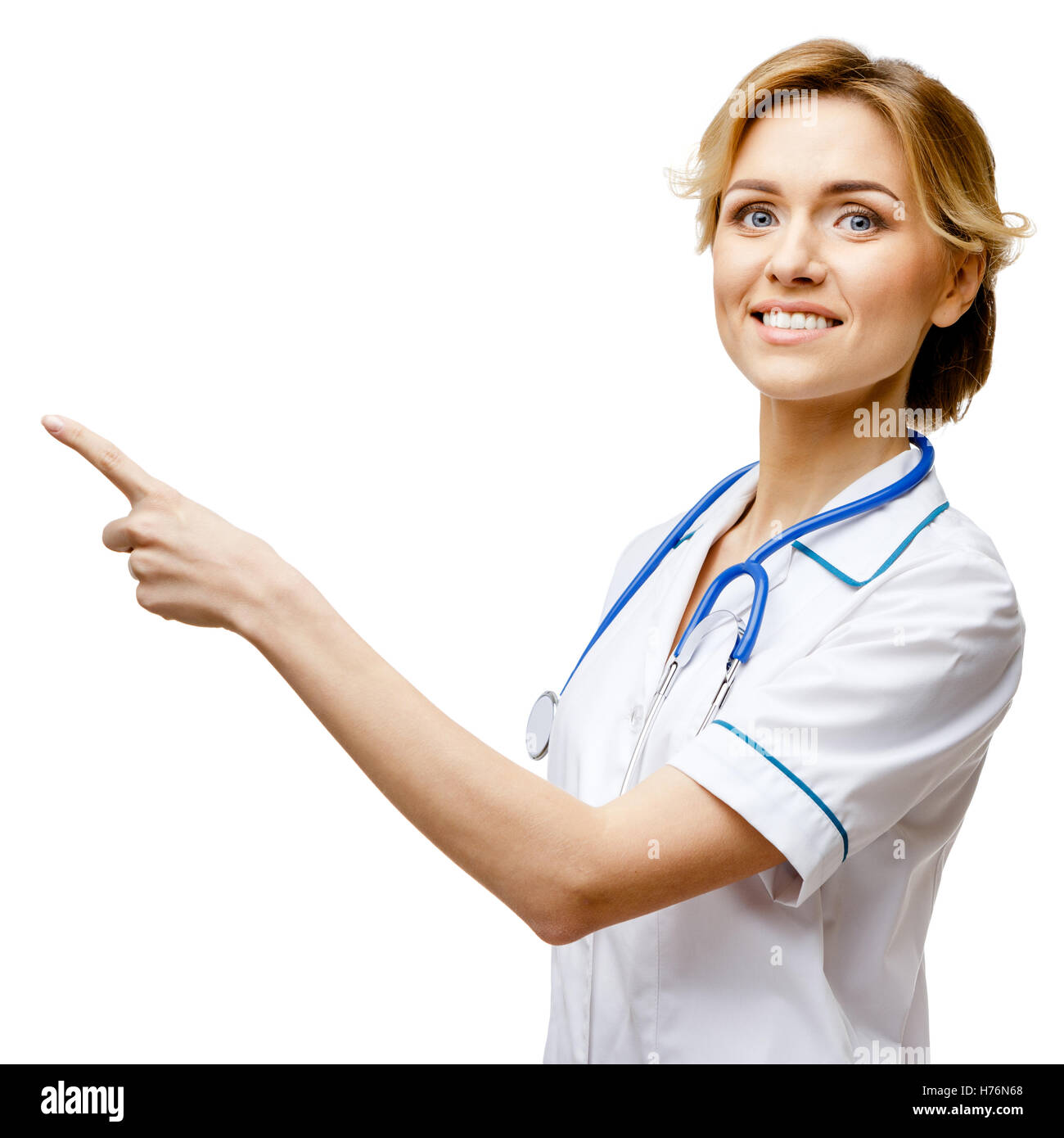 Woman doctor standing on white background Stock Photo - Alamy