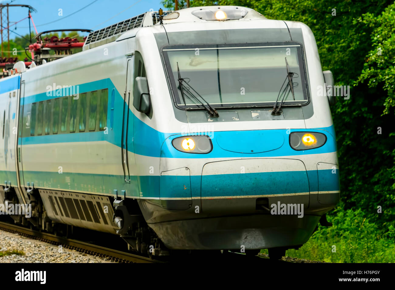 High speed passenger train approaching head on in wooden landscape ...