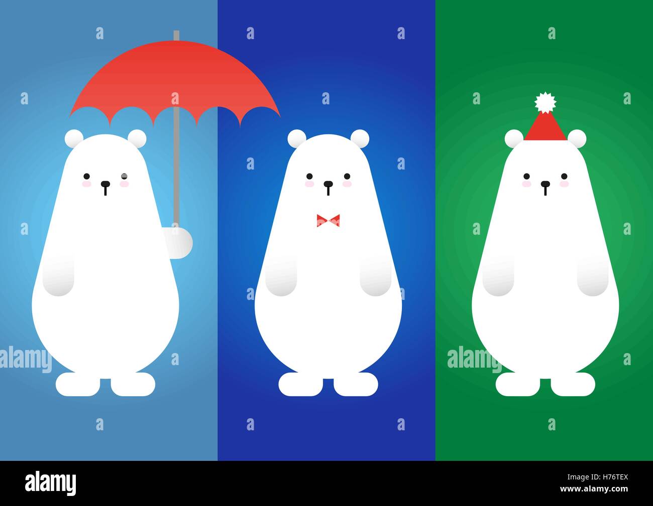 Set of vector polar bear / ice bear with umbrella, bow tie and Santa Claus hat and gradient ...