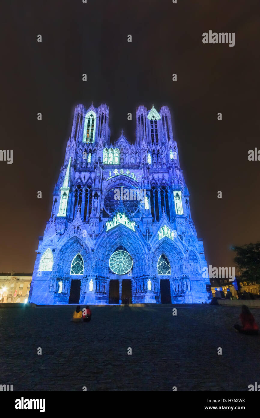 Light show at the Cathedral of Notre-Dame de Reims, Reims, France Stock ...