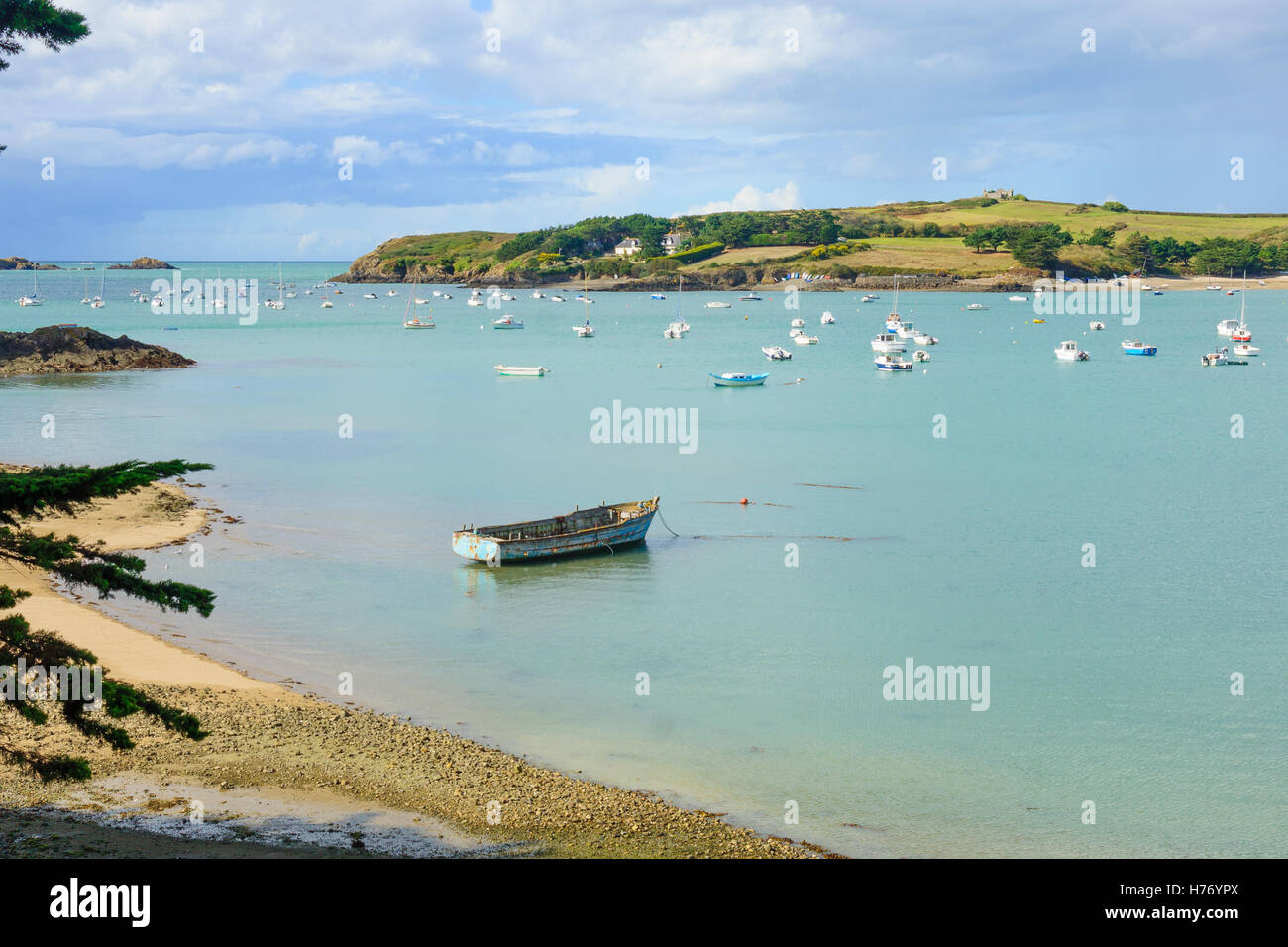 Bay, boats and countryside in Ille-et-Vilaine area, Brittany, France ...