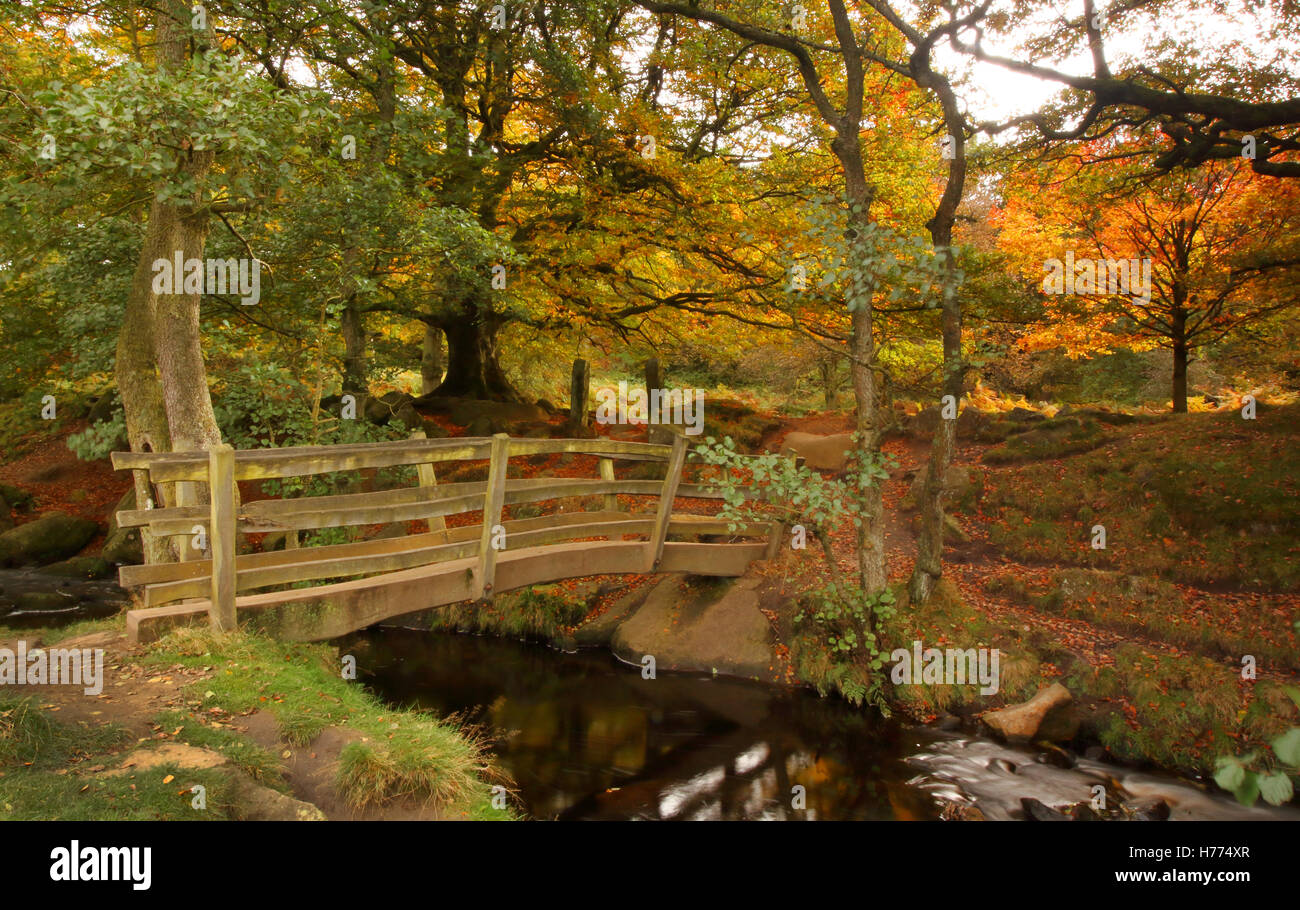 Wooden bridge over Burbage Brook in Padley Gorge; a beautiful valley in ...