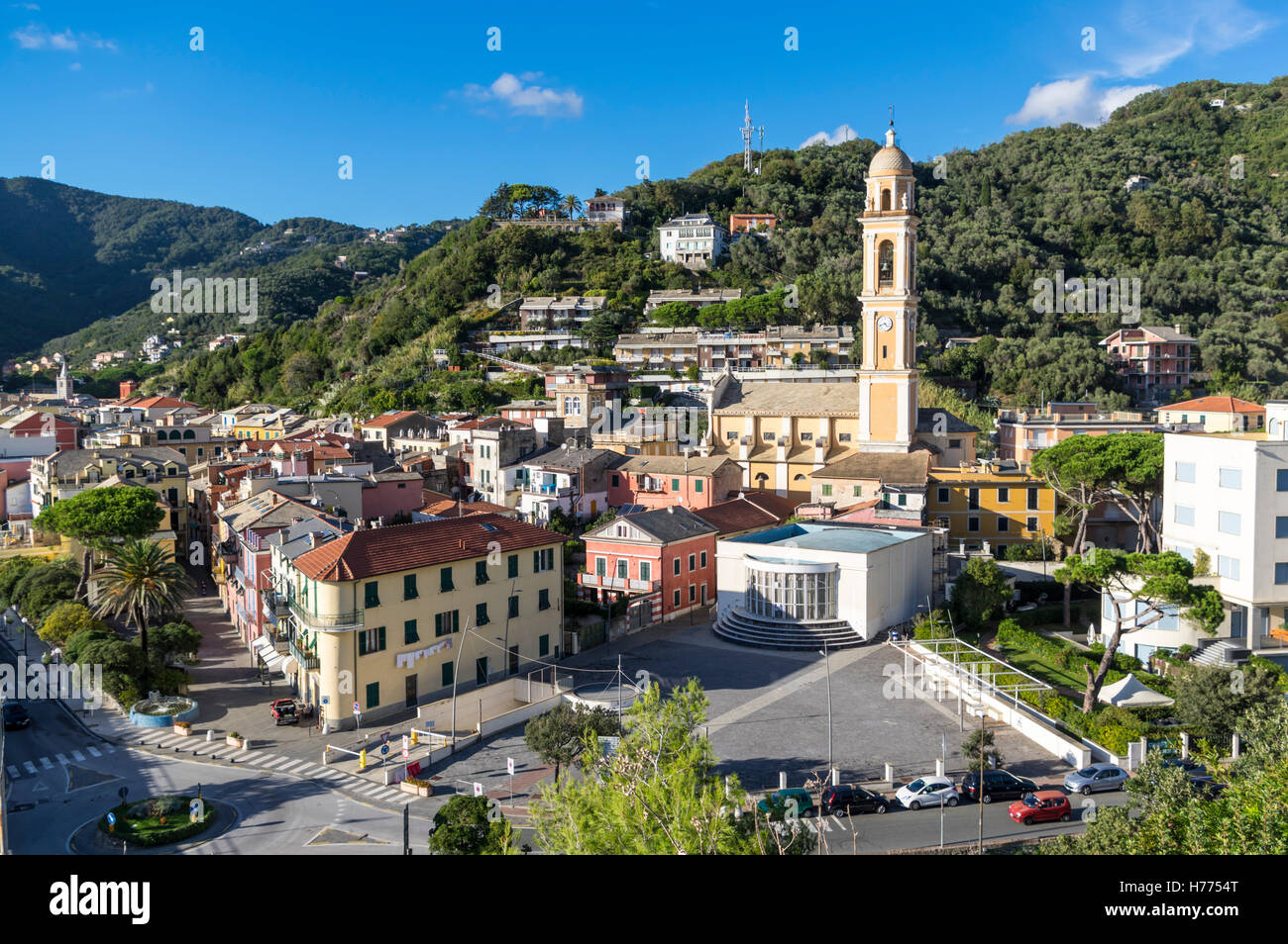 View of the town of Moneglia, Liguria, Italy, framed by hills Stock ...
