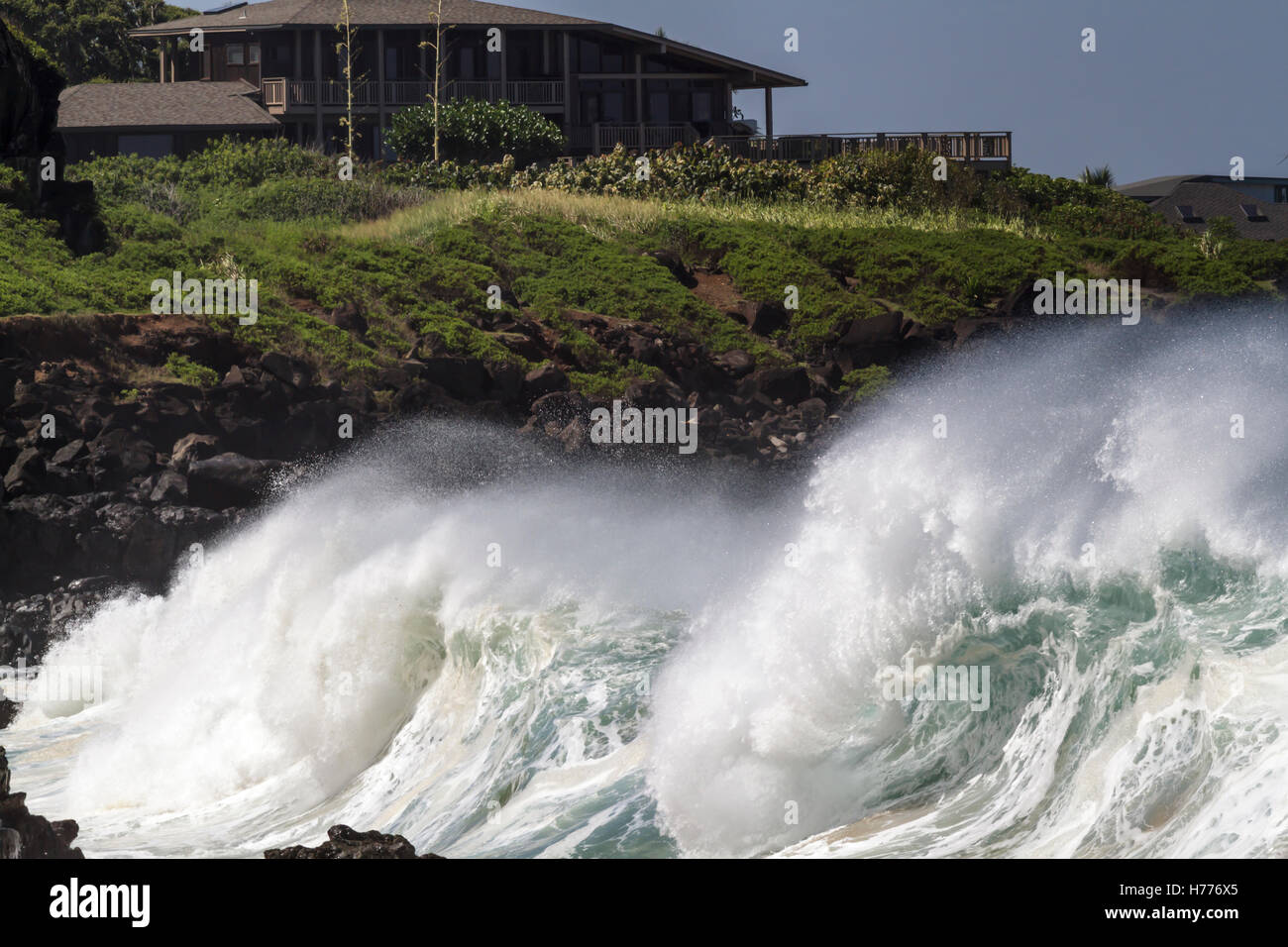 Big Shore break waves hit the rocks at Waimea Bay on the north shore of ...