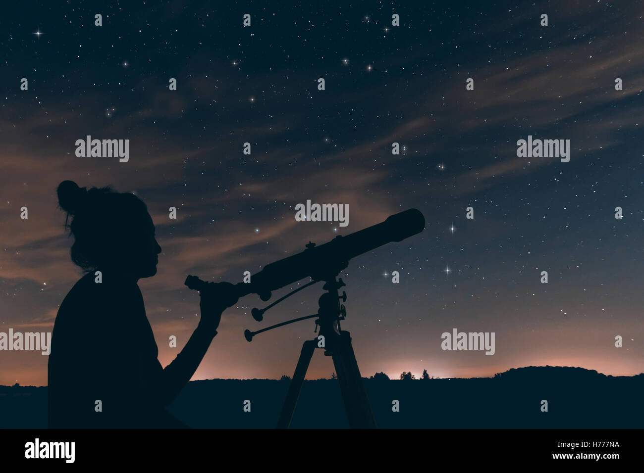 Woman with astronomical telescope. Night sky, with clouds and constellations, Hercules, Draco ...