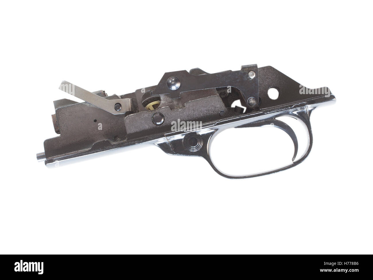 Side view of the trigger group and safety of a rifle isolated on white ...