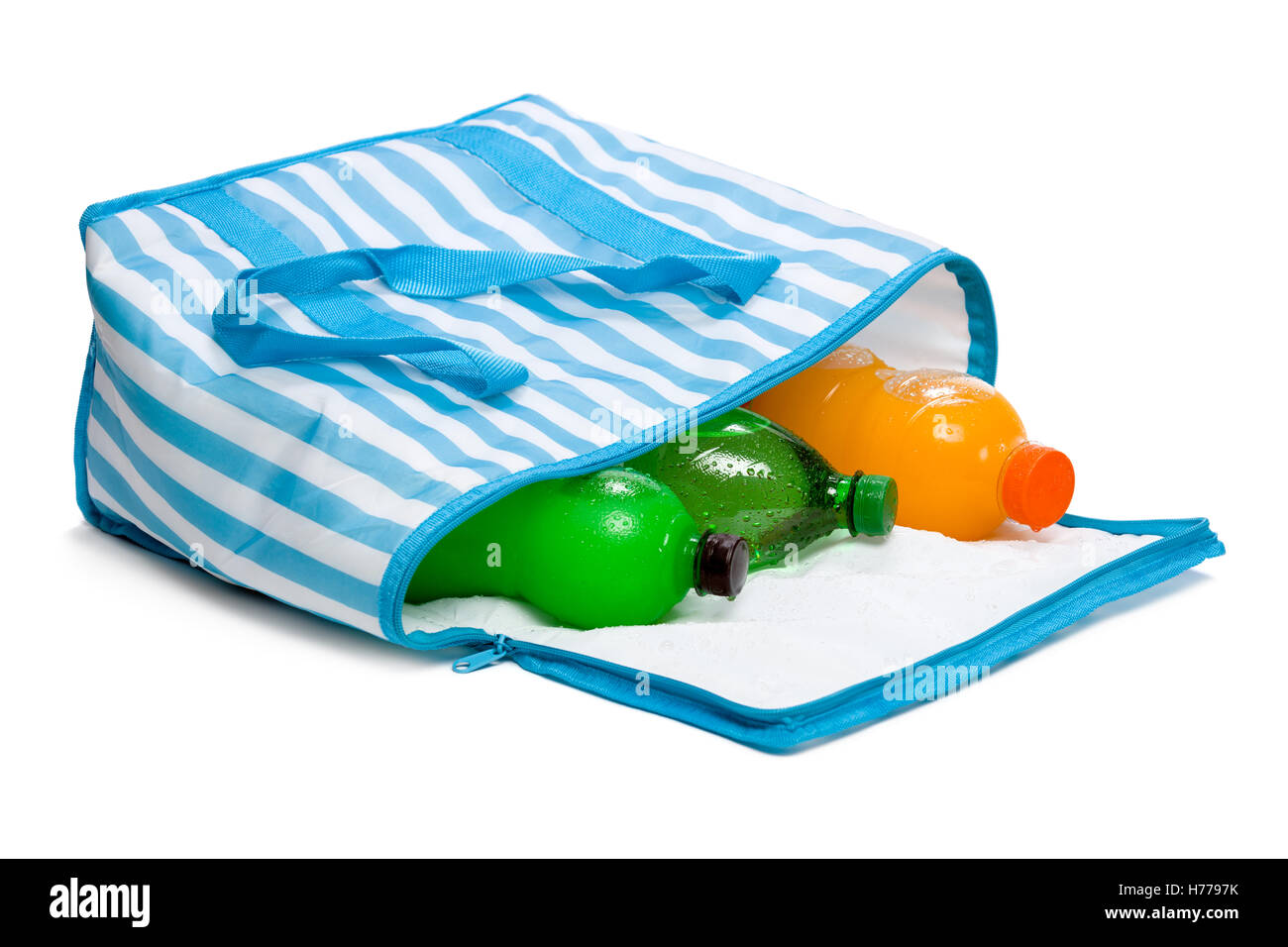 Open lying blue striped cooler bag with three bottle of cool refreshing ...