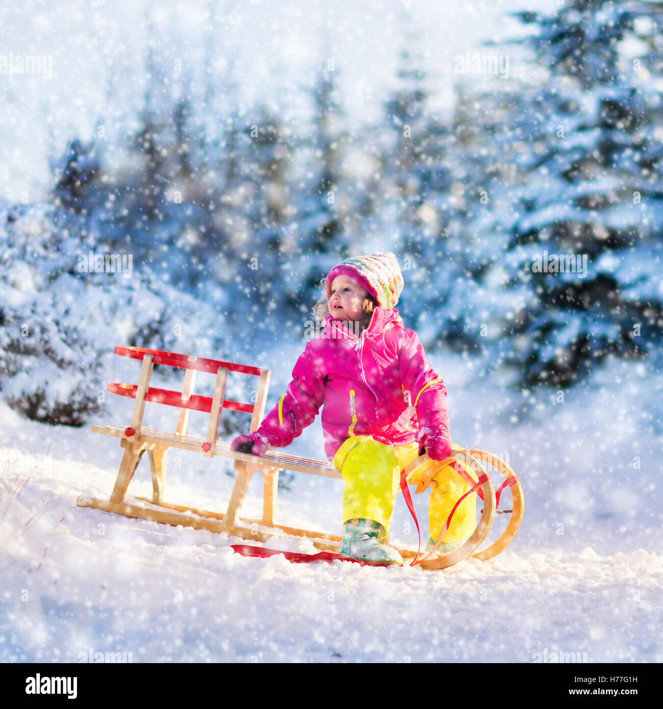 Little girl enjoying a sleigh ride. Child sledding. Toddler kid riding a sledge. Children play ...