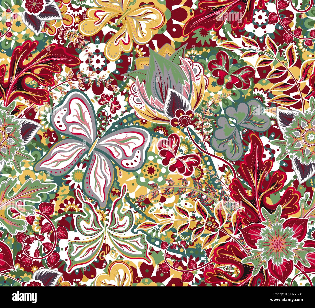 Seamless pattern with colorful vintage butterflies, flowers and hearts ...