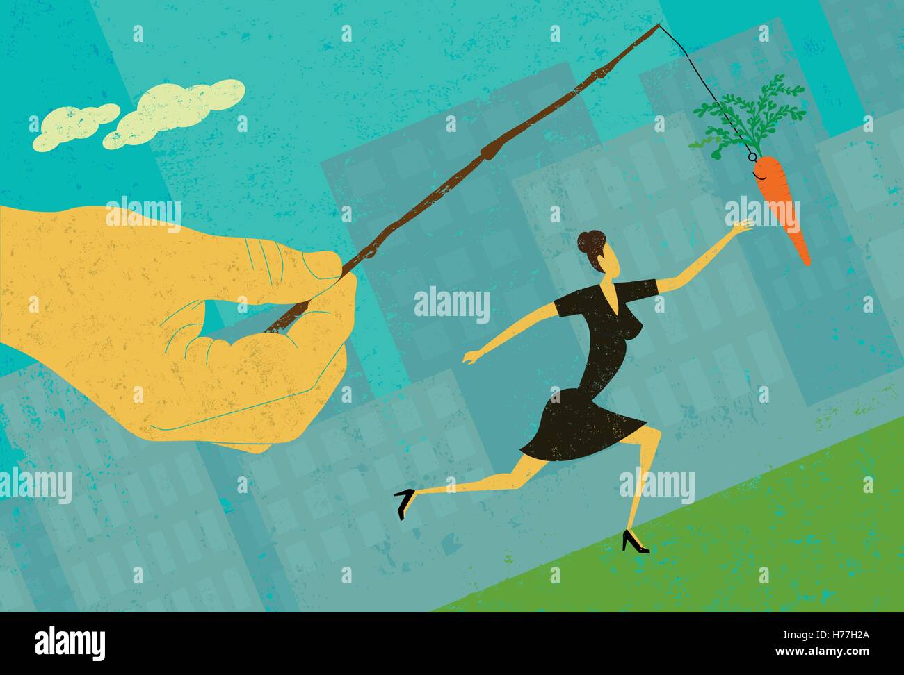 Chasing a Carrot A businesswoman chasing a dangling carrot. The hand ...