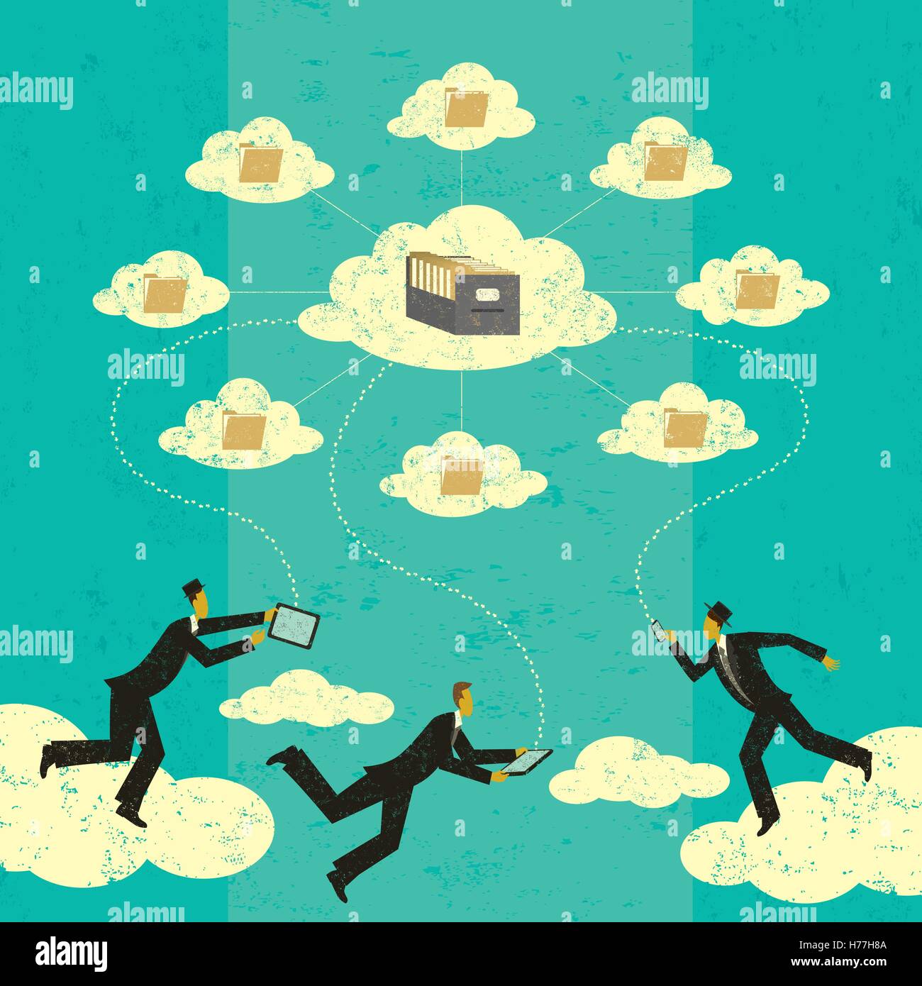Cloud computing Businessmen connecting to cloud storage via their mobile devices. The men and ...