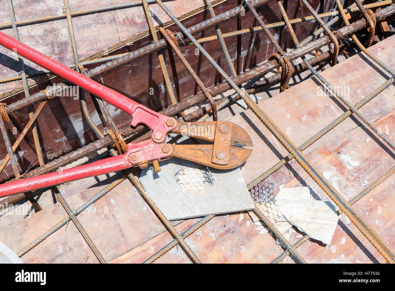 Reinforced steel bars and Steel cutters on building construction site ...