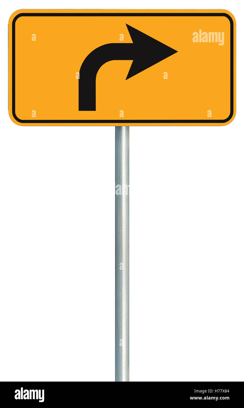 Right turn ahead route road sign, yellow isolated roadside traffic ...